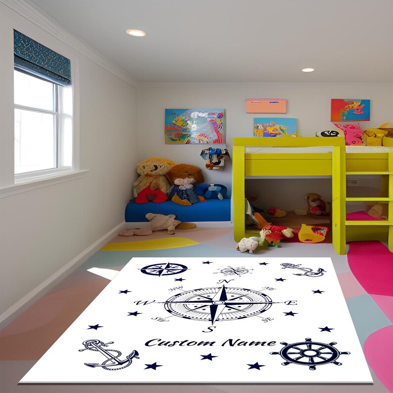 Navy Compass Patterned Rug Nonslip Kidsroom Carpet Sailor Area Rugs ...