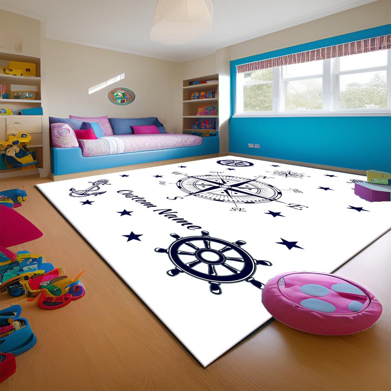 Navy Compass Patterned Rug Nonslip Kidsroom Carpet Sailor Area Rugs ...