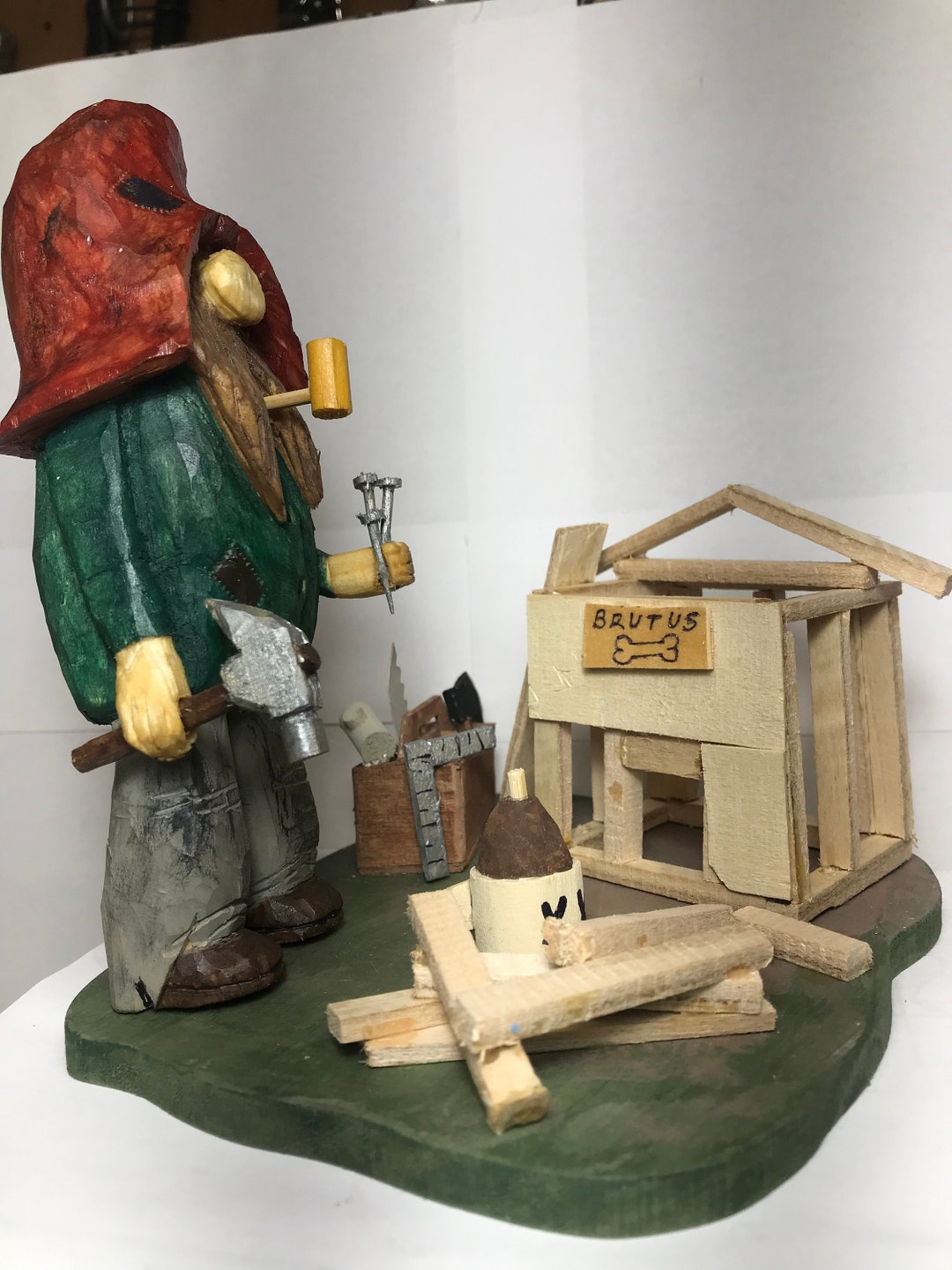 Old Hillbilly Carpenter With Hammer & Nails Building a Dog House While ...