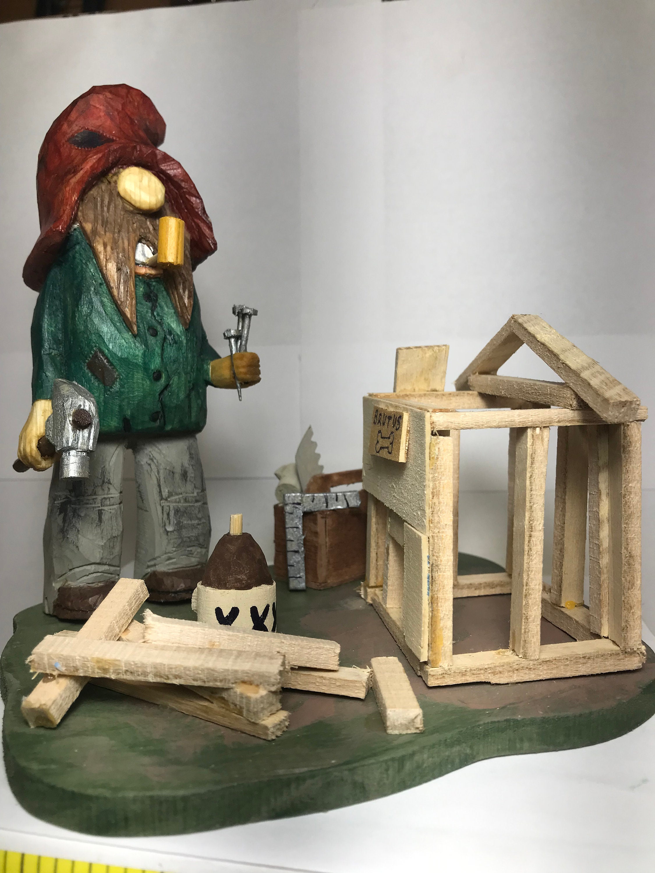 Old Hillbilly Carpenter With Hammer & Nails Building a Dog House While ...