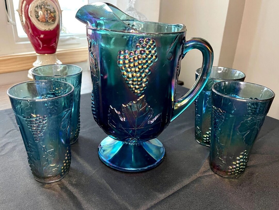 Indiana Glass Co. Iridescent Blue Pitcher With Tumblers - Etsy