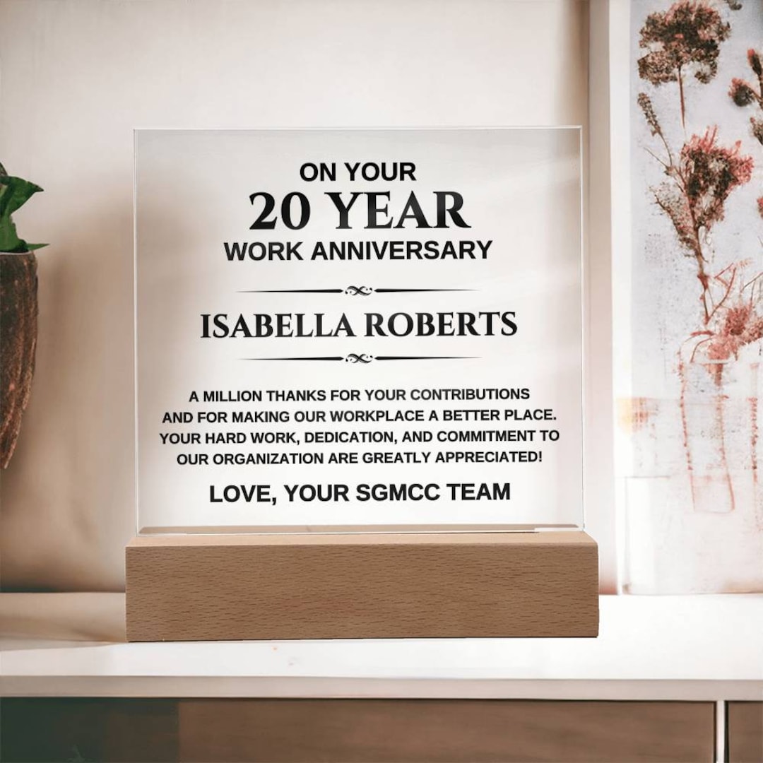 20 Years Work Anniversary Plaque, 20 Years of Service Gift, Employee Recognition, Employee ...