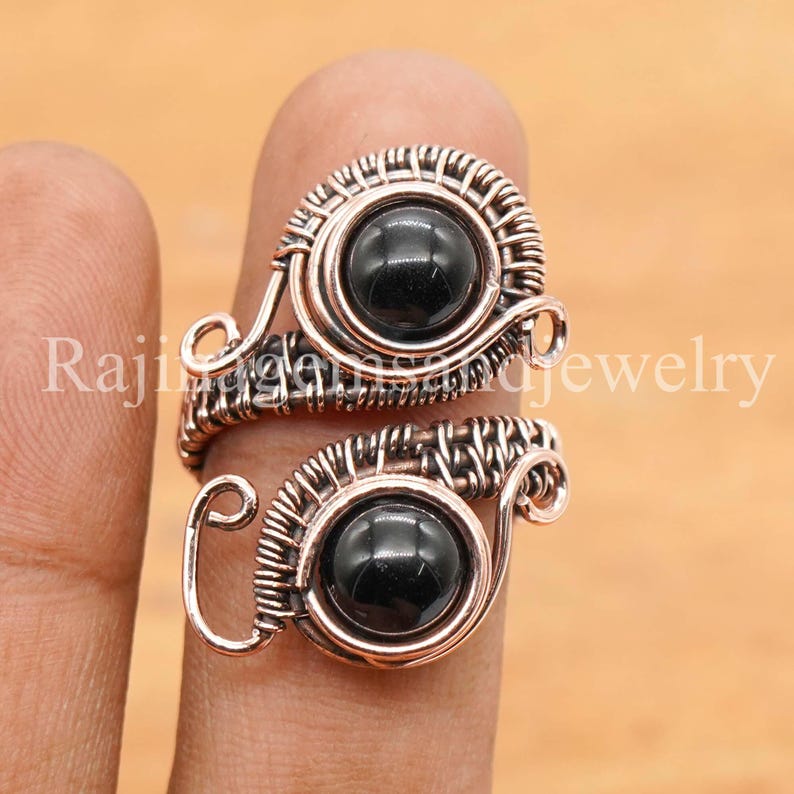 Handmade Black Onyx Copper Wire Wrapped Ring | Antique Copper Bypass ...