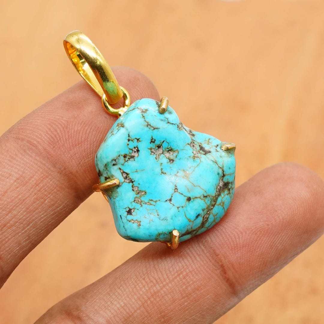 Natural Tibetan Turquoise Gold Pendant Unique Matrix Turquoise Charm ...