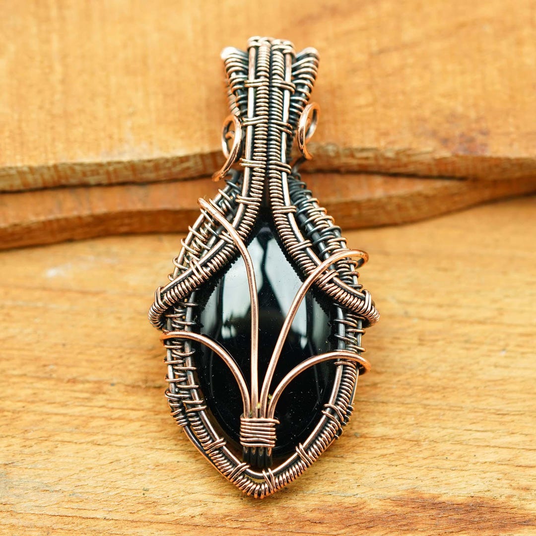 Wire Wrapped Onyx Pendant, Handcrafted Copper Jewelry, Black Gemstone ...