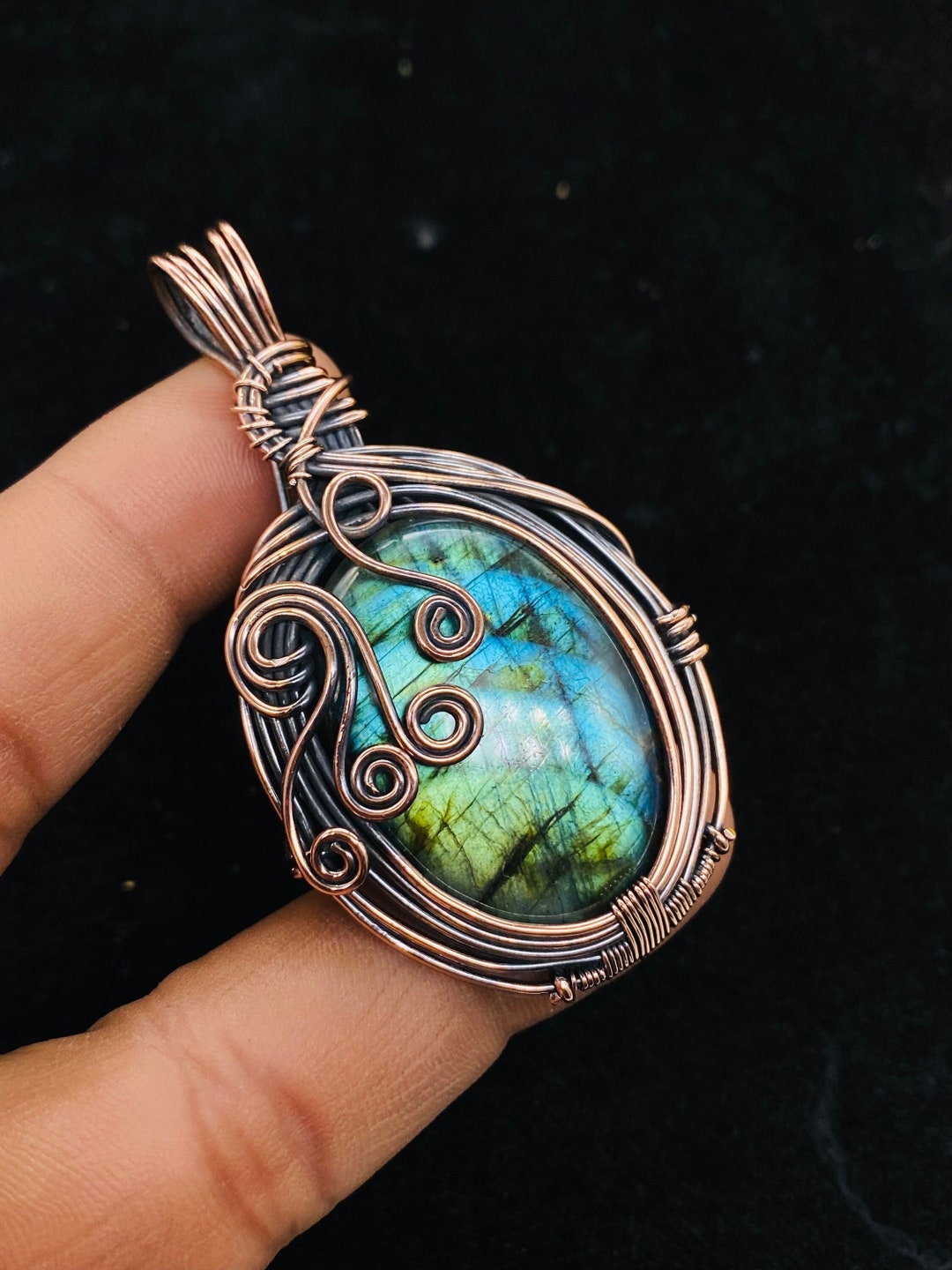 Wire Wrap Labradorite Copper Pendant Gemstone Jewelry Necklace Oxidized ...