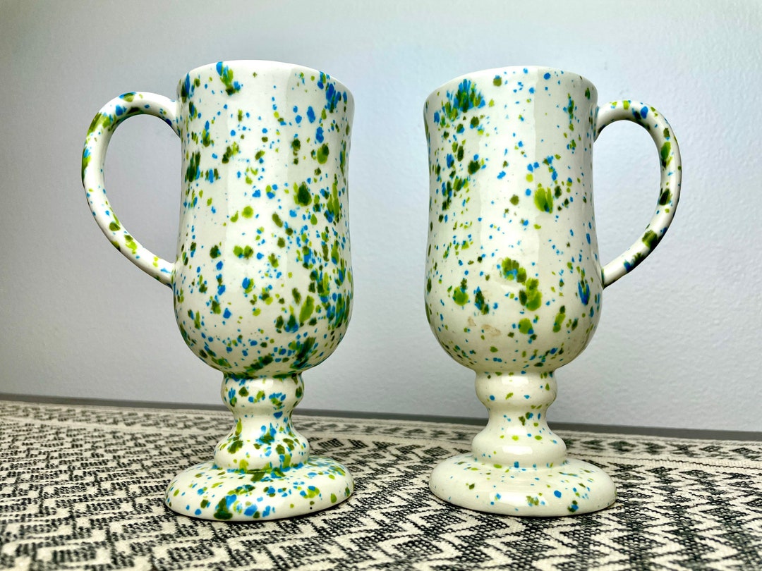 Vintage Splatterware Ceramic Handmade Irish Coffee Pedestal Mugs Set ...