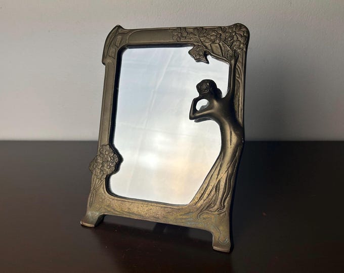 Vintage Art Nouveau Floral Brass Mirror Lady by the Lake, Antique Gold ...