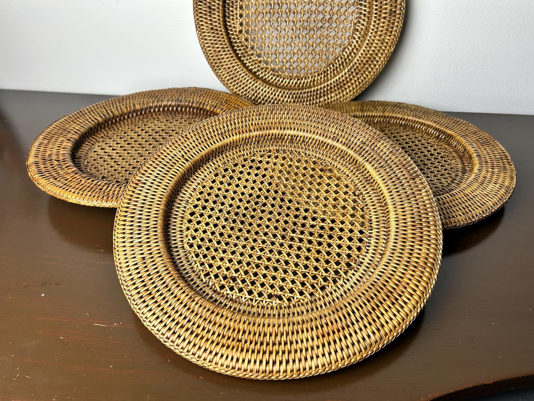 Vintage Woven Wicker & Cane Round Charger Plates Set of 4, Natural ...