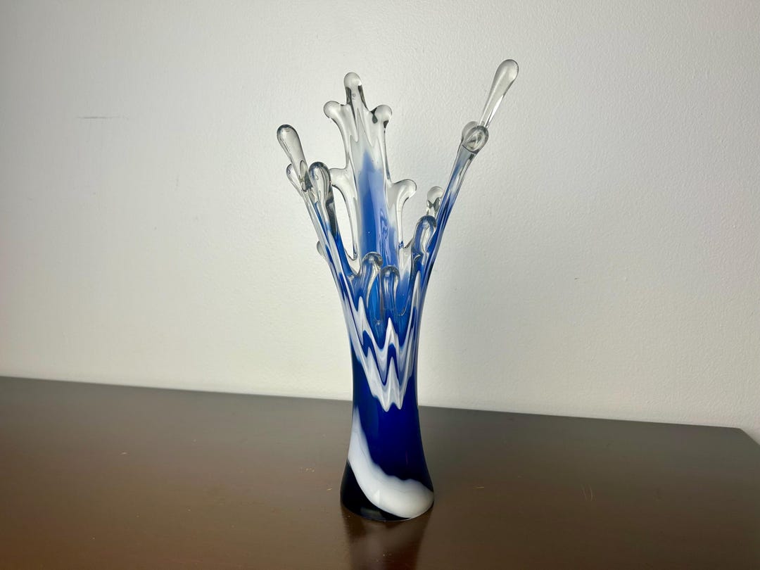 Vintage Wave/water Drop Splash Blue & White Art Glass Vase, Pulled ...