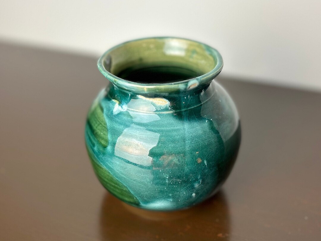Artist Signed Studio Art Pottery Drip Glaze Teal Green Blue Ceramic ...