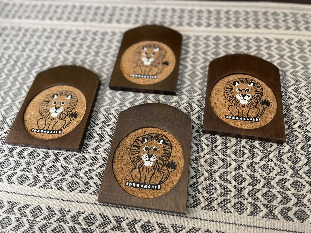 Mid Century Wood & Cork Circus Big Cat Lion Drink Coasters Set Enesco ...