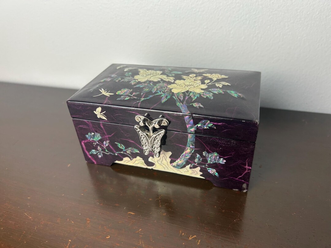 Vintage Traditional Korean Jewelry Box Purple Lacquered Mother of Pearl ...
