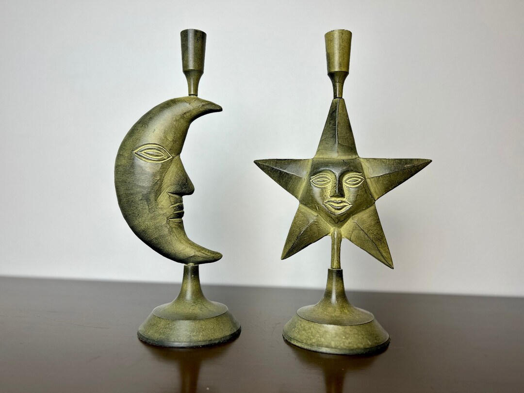 Moon & Star Metal Candlestick Holder Pair, Vintage Celestial Table ...
