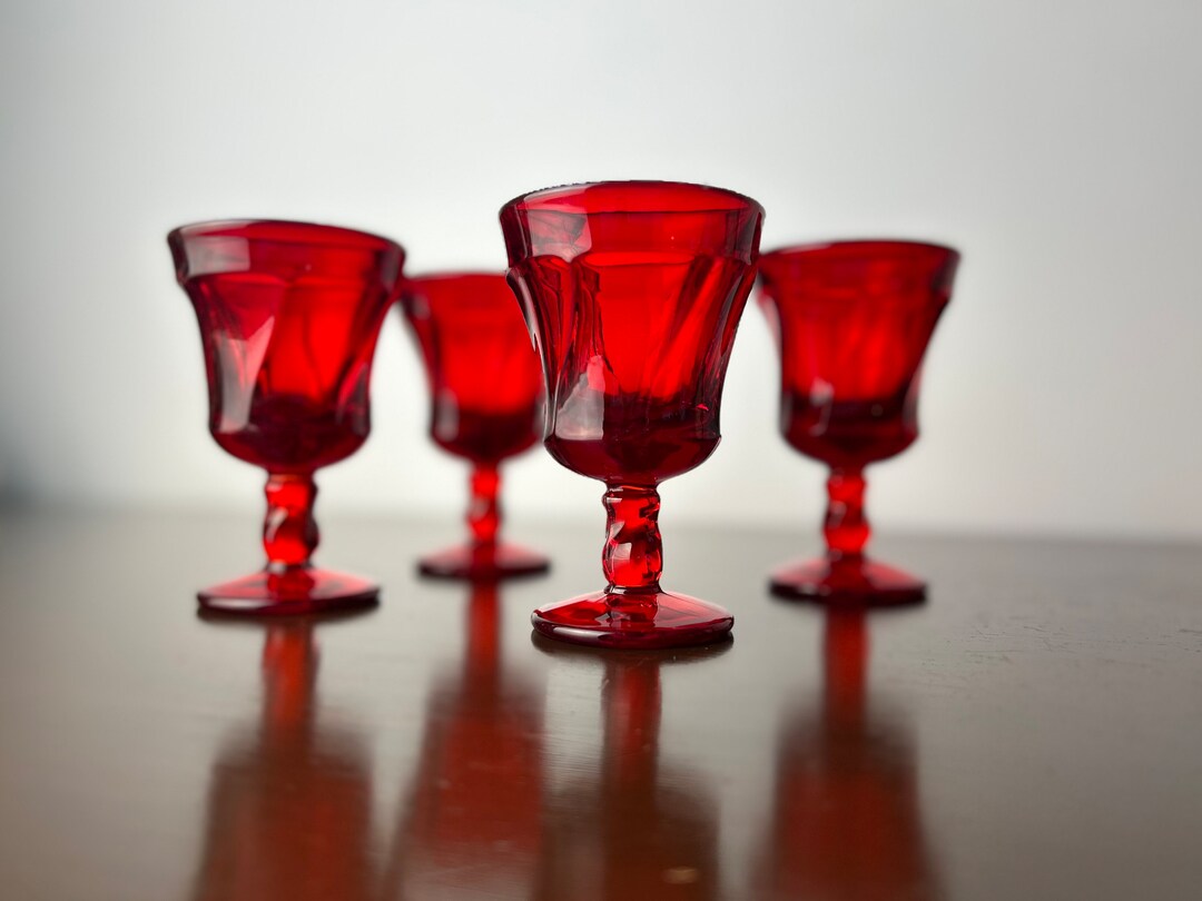 Vintage Fostoria Jamestown Ruby Red Wine Glasses Set Of 4 Swirl Pressed Glass Design Colored