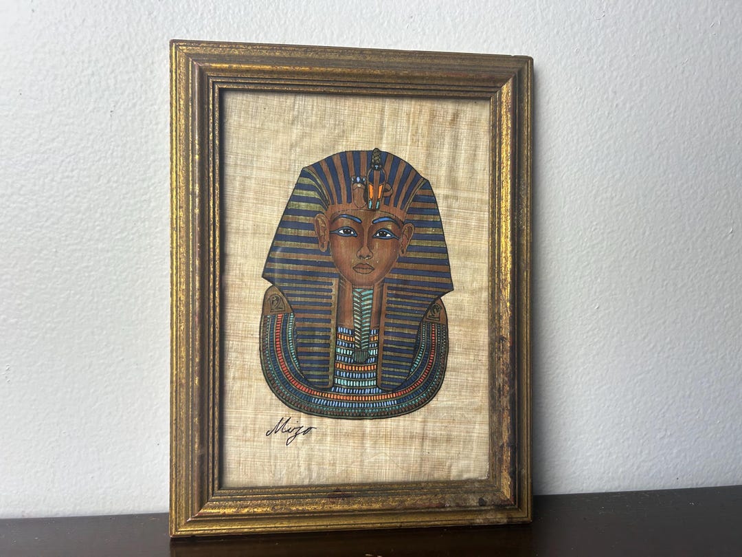 Vintage Egyptian Framed Papyrus Painting, Pharaoh King Tut Tutankhamen ...
