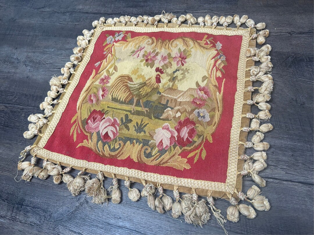 Vintage Red Beige Rooster & Roses Tapestry Square Accent Throw Pillow ...