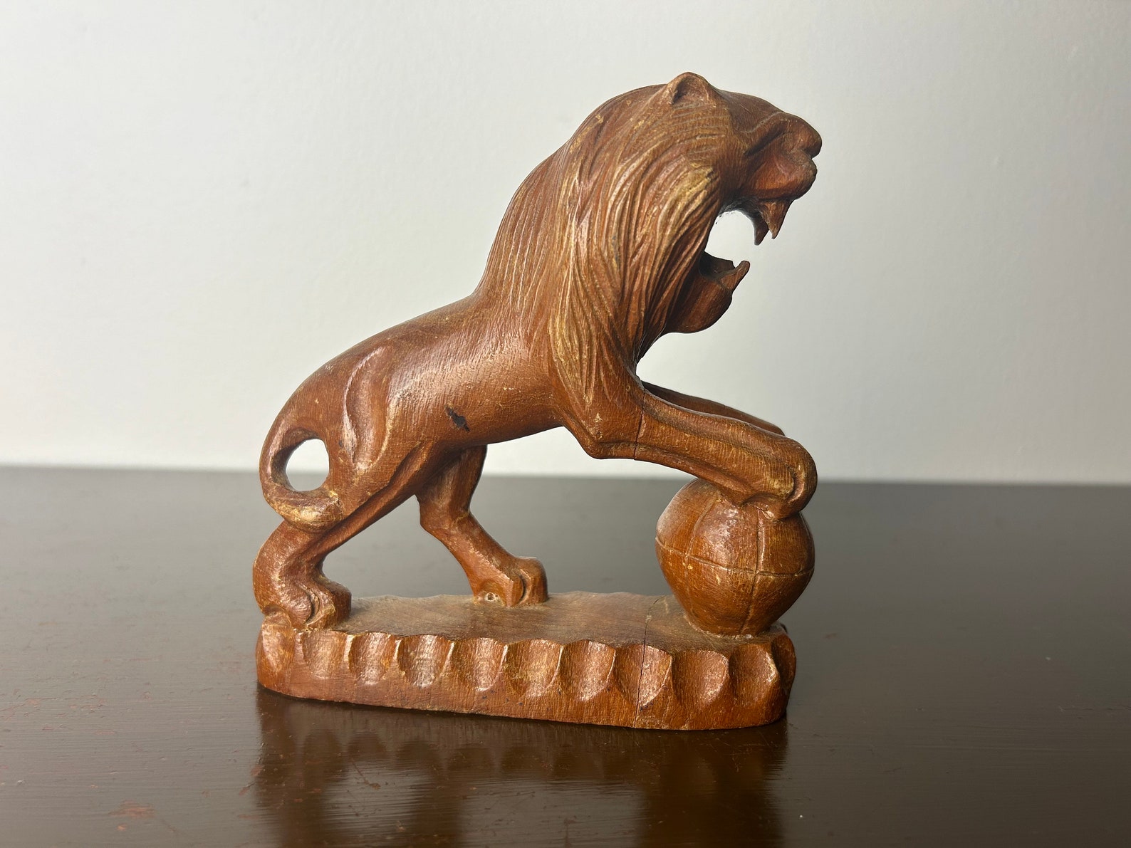 Philippines Wood Hand Carved Lion Stepping on Ball Figurine, Wooden ...