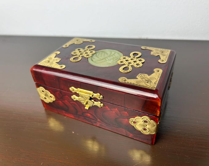 Vintage Chinese Rosewood/brass/jade Jewelry Box Chest Red Silk Lined ...