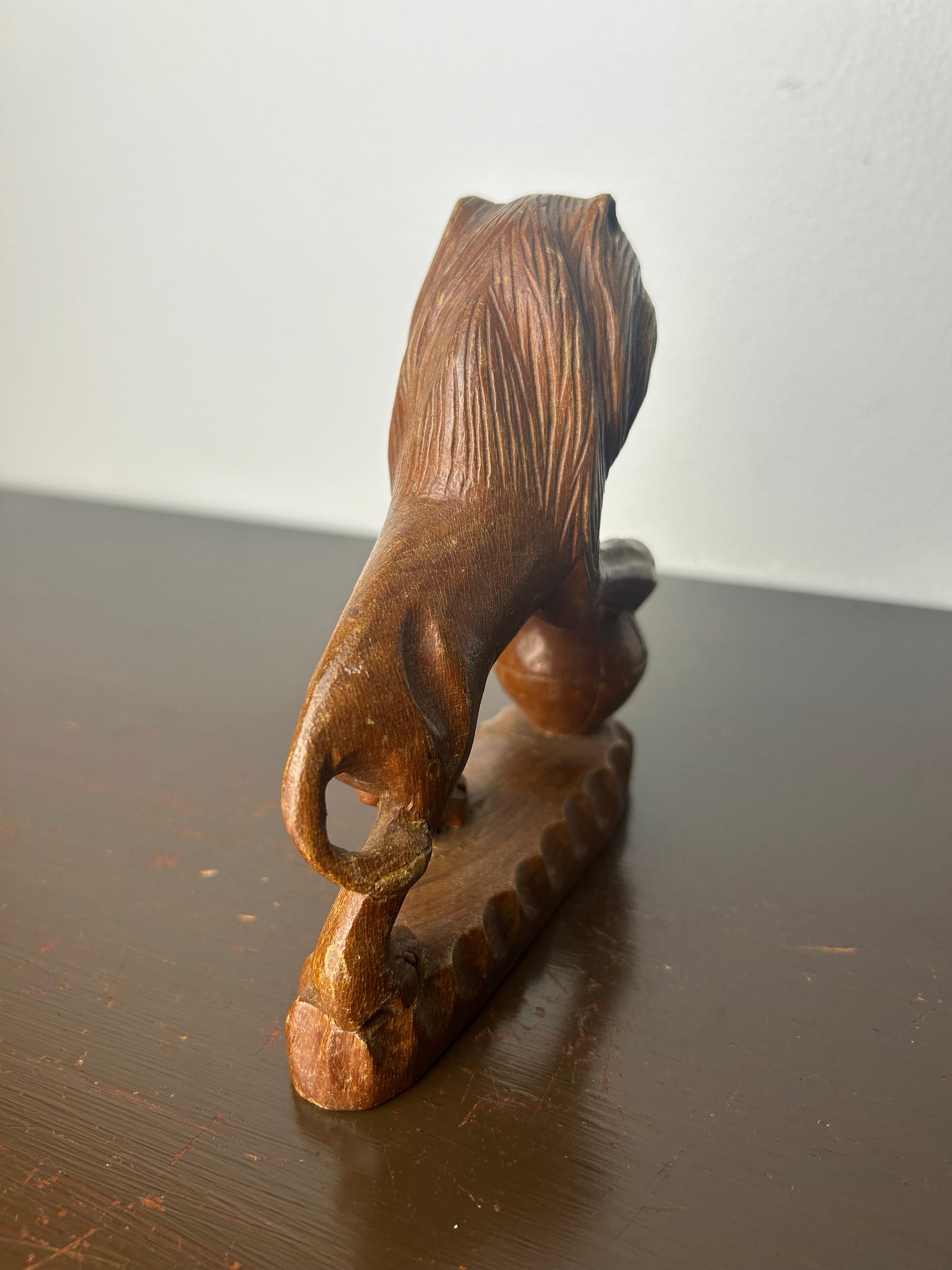 Philippines Wood Hand Carved Lion Stepping on Ball Figurine, Wooden ...
