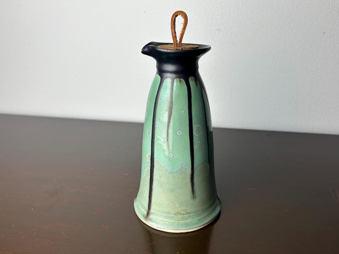 Edgecomb Potters Ceramic Teal Blue Drip Glaze Olive Oil/vinegar Cruet ...