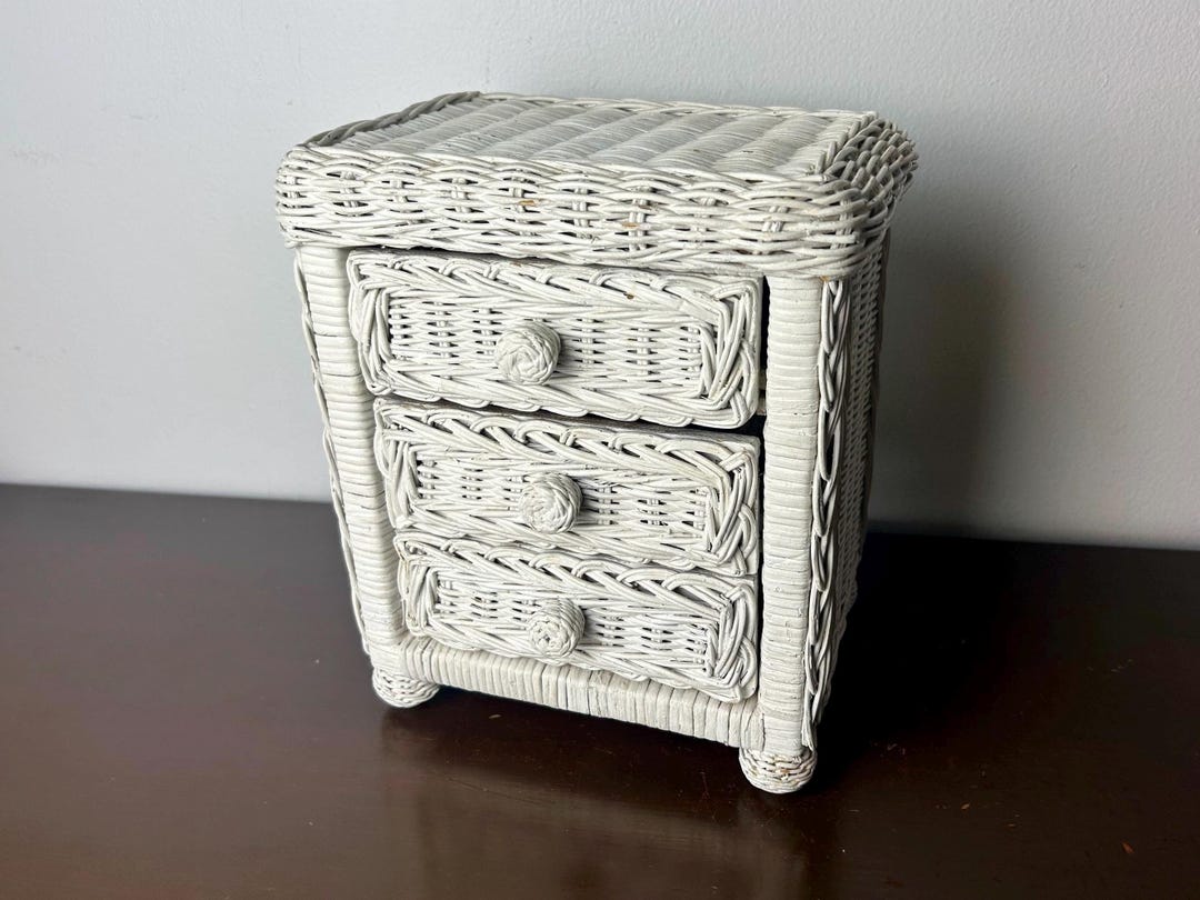 Vintage White Wood & Wicker Trinket/jewlery Box With 3 Drawers, Retro ...