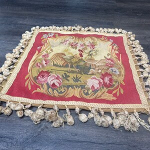 Vintage Red Beige Rooster & Roses Tapestry Square Accent Throw Pillow ...