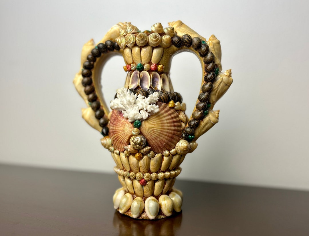 Antique Handmade Seashell Covered Ceramic Vase, Statement Beach House ...