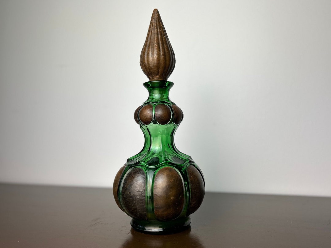 MCM Empoli Italy Genie Bottle Green Glass Leather Wrapped Decanter With ...