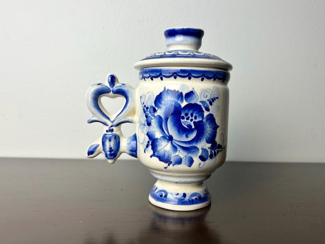 Vintage Blue & White Floral Handled Mug With Lid by Gzhel, USSR Soviet ...