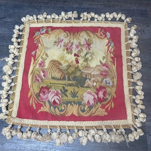 Vintage Red Beige Rooster & Roses Tapestry Square Accent Throw Pillow ...