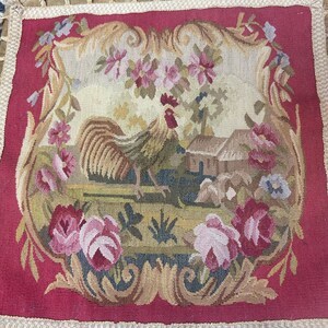Vintage Red Beige Rooster & Roses Tapestry Square Accent Throw Pillow ...