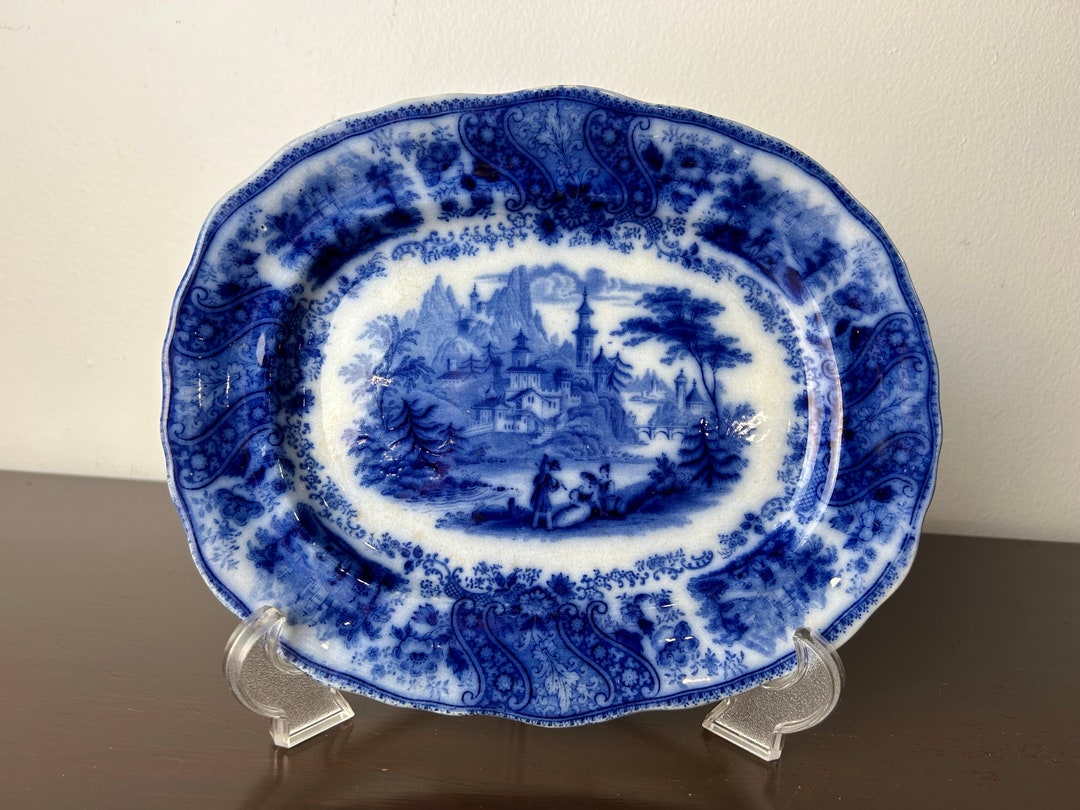 Antique 19th Century Flow Blue Pattern Oval Serving Platter Burgess ...