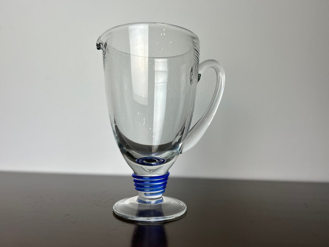 Modernist Block Polish Crystal Handblown Pitcher With Applied Blue ...