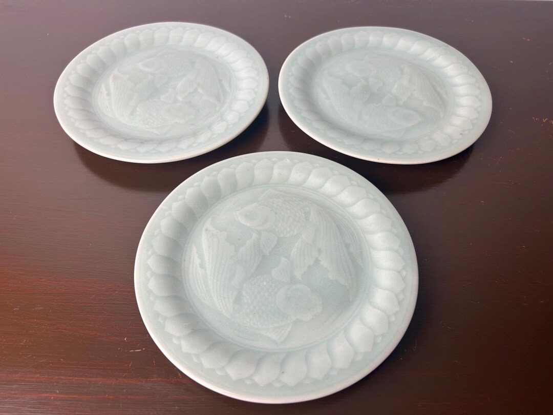 Vintage Chinese Longquan Celadon Coy Fish Dessert Small Plates, Green ...