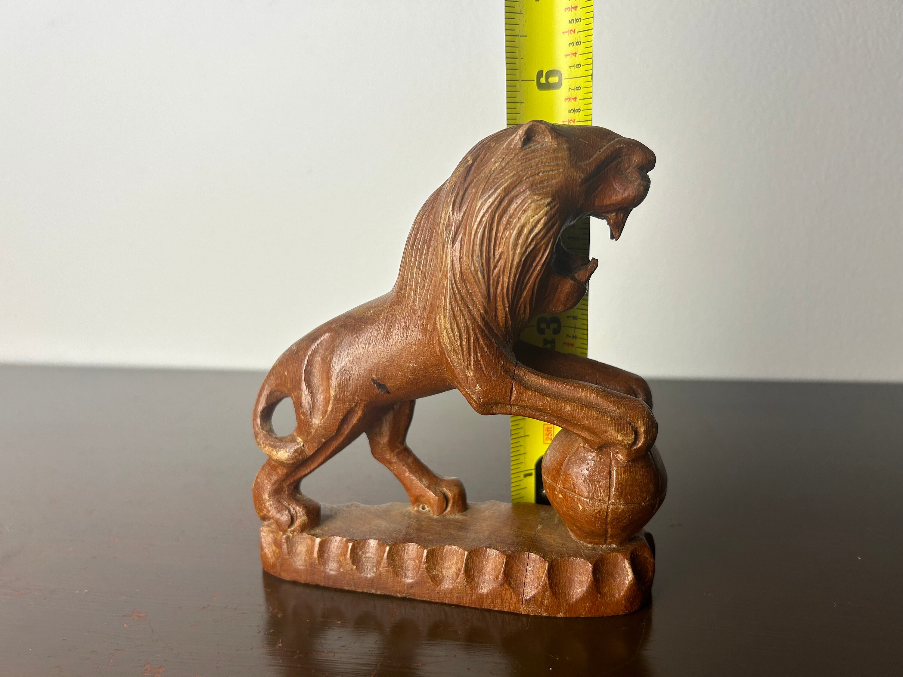 Philippines Wood Hand Carved Lion Stepping on Ball Figurine, Wooden ...