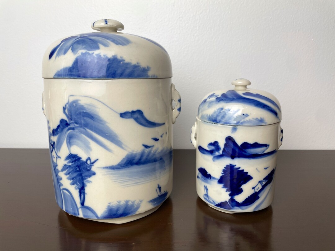 Chinese Handpainted Blue & White Porcelain Tea Caddy Jar Set With Lids ...