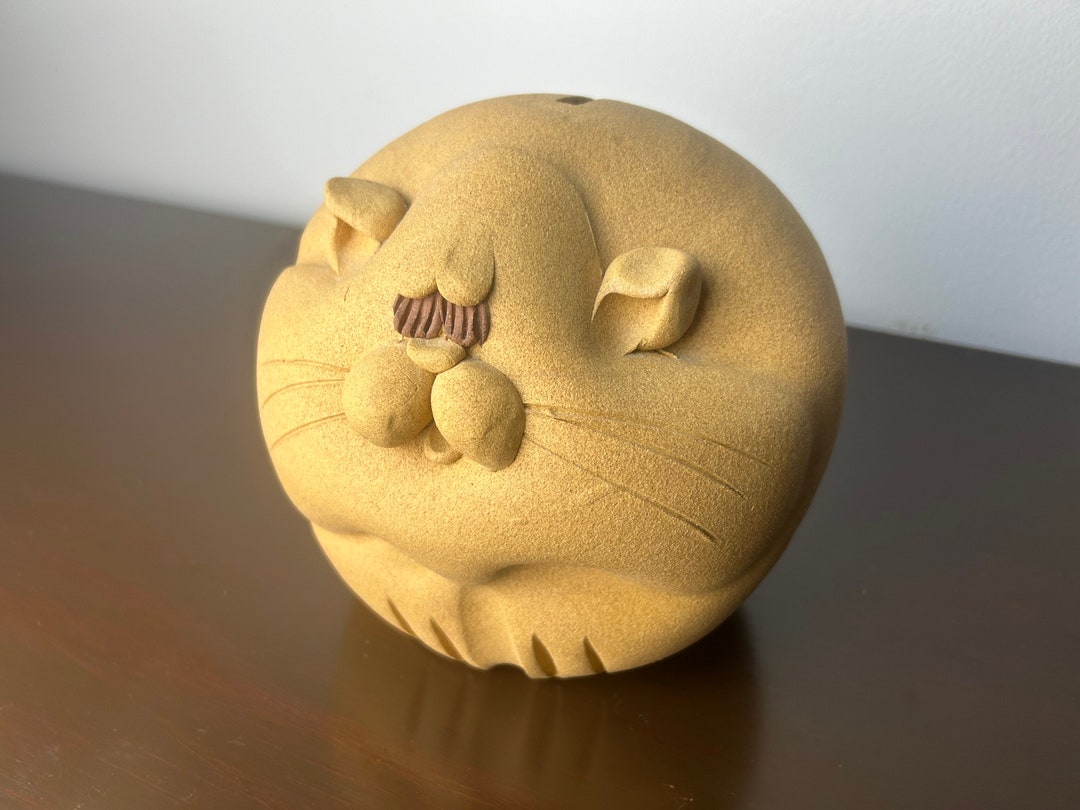 Vintage Fat Cat Folk Art Pottery Piggy Bank, Reusable Ceramic Kitty ...