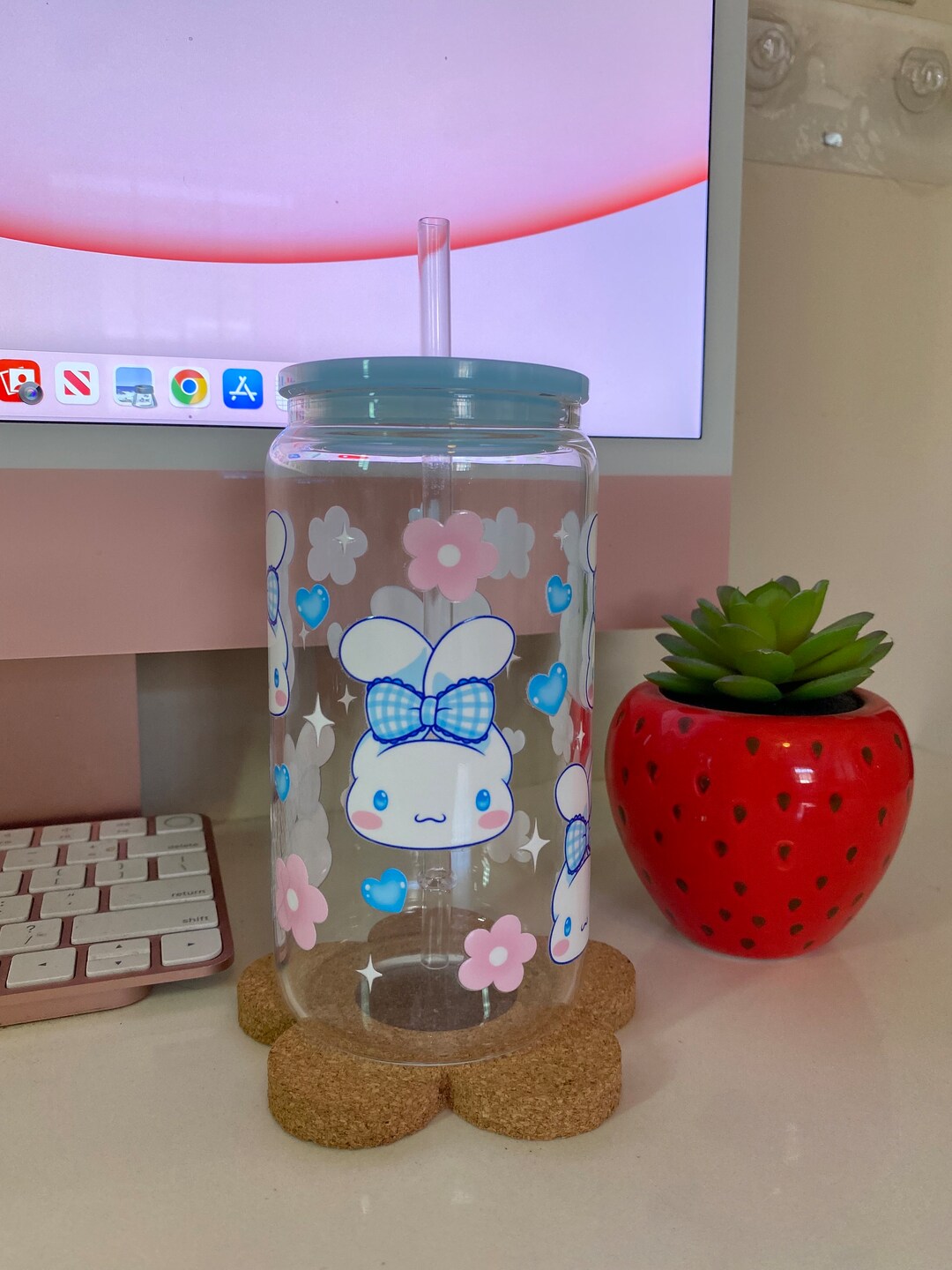 Blue Kawaii Cinna Flower & Hearts Glass Cup - Etsy