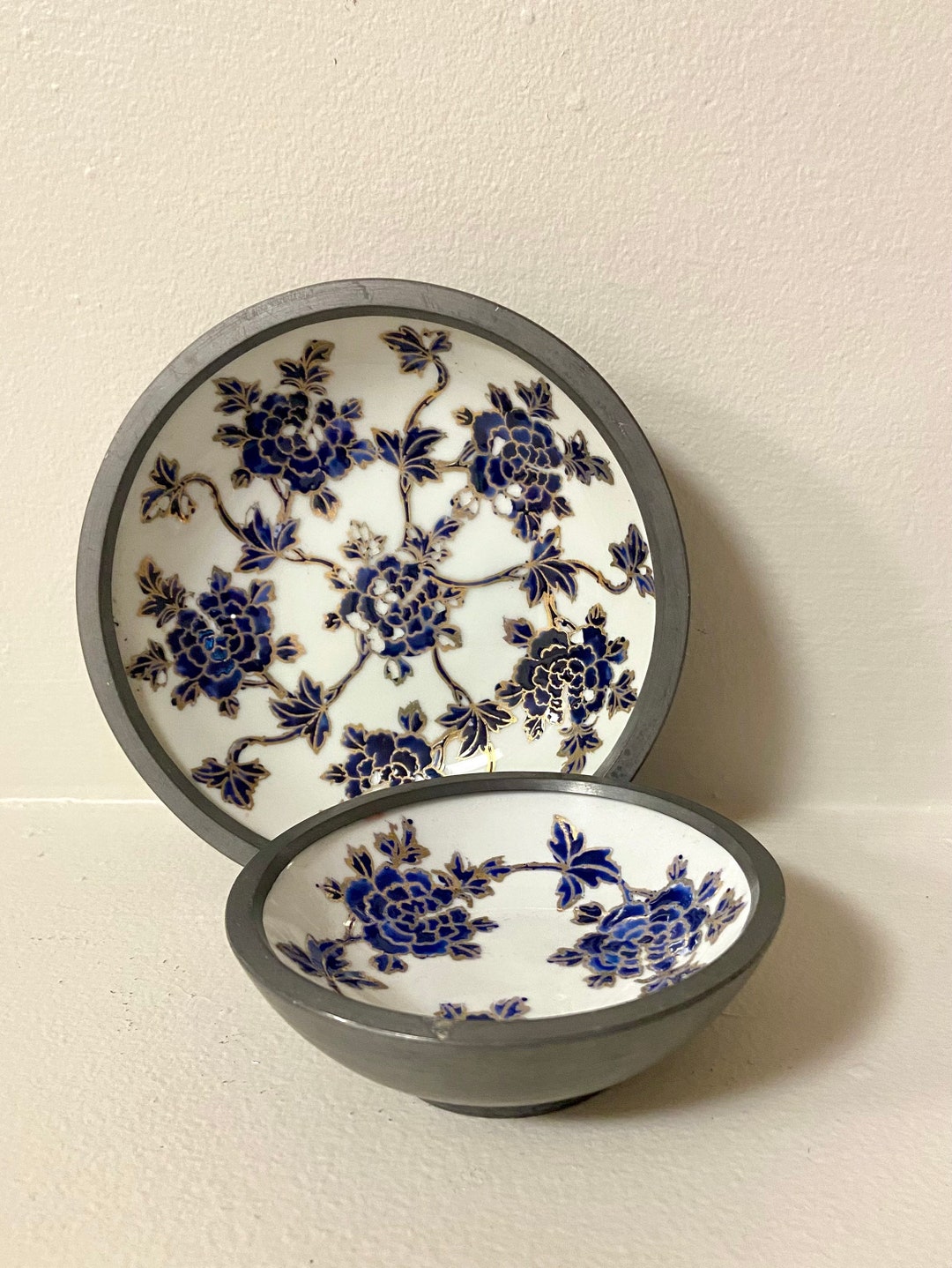 Set of 2 Vintage Japanese Porcelain Ware TFF Pewter Encased Bowls “hand ...