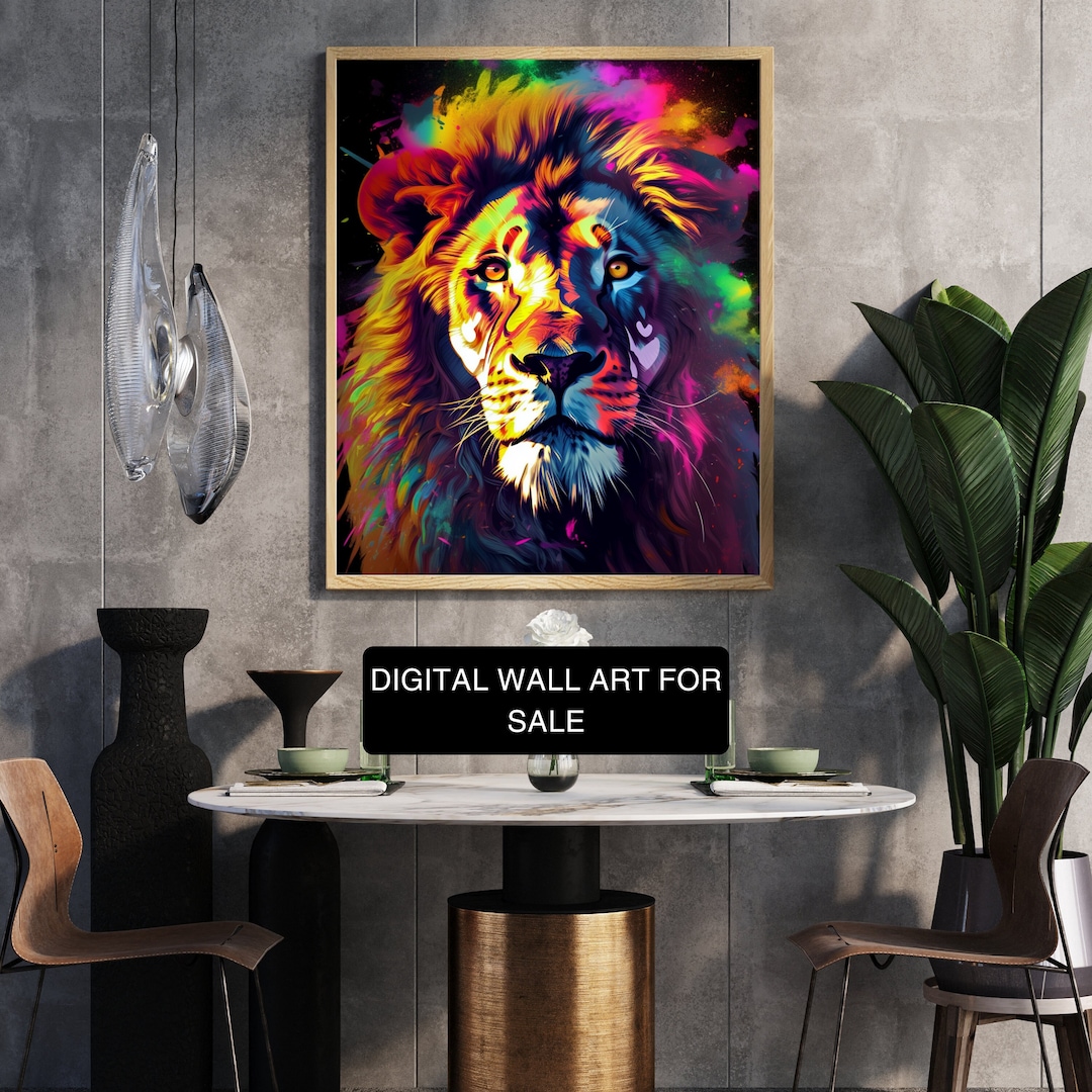 Lion Abstract Digital Print, Lion Print, Neon Art, Lion Poster, Lion ...