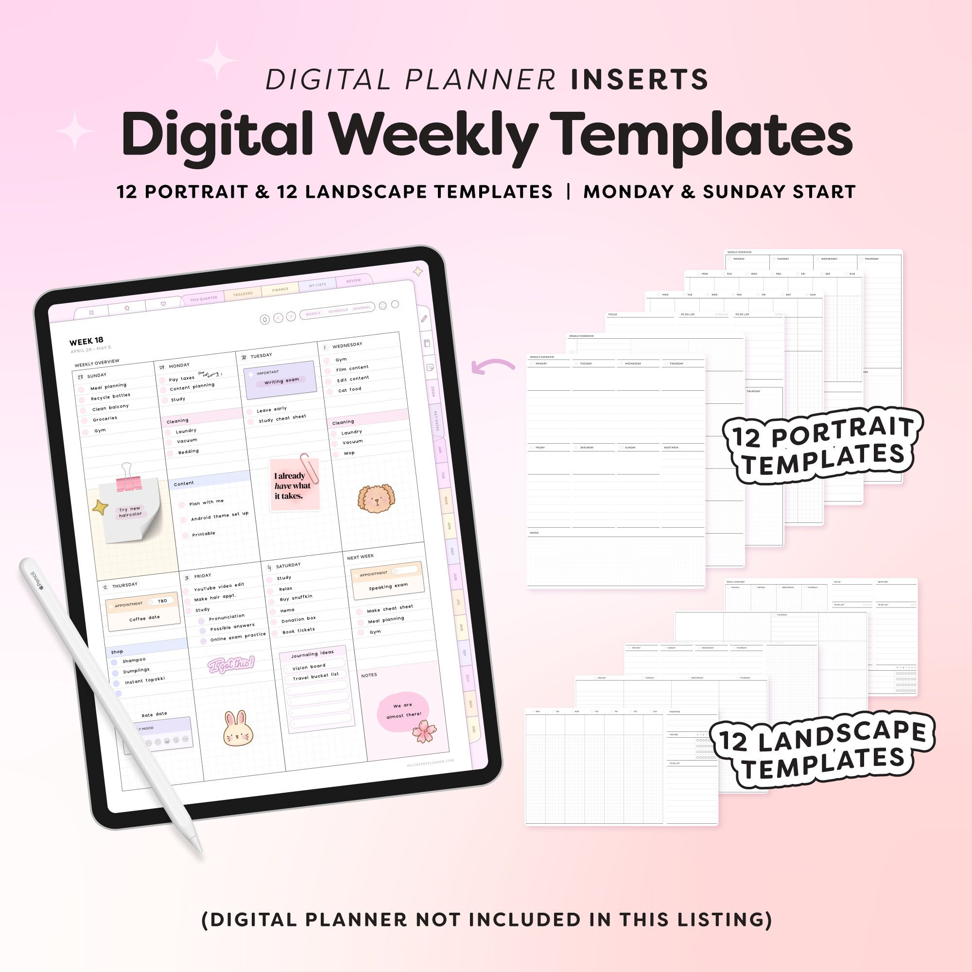 Digital Weekly Templates, Portrait and Landscape Inserts for Digital ...