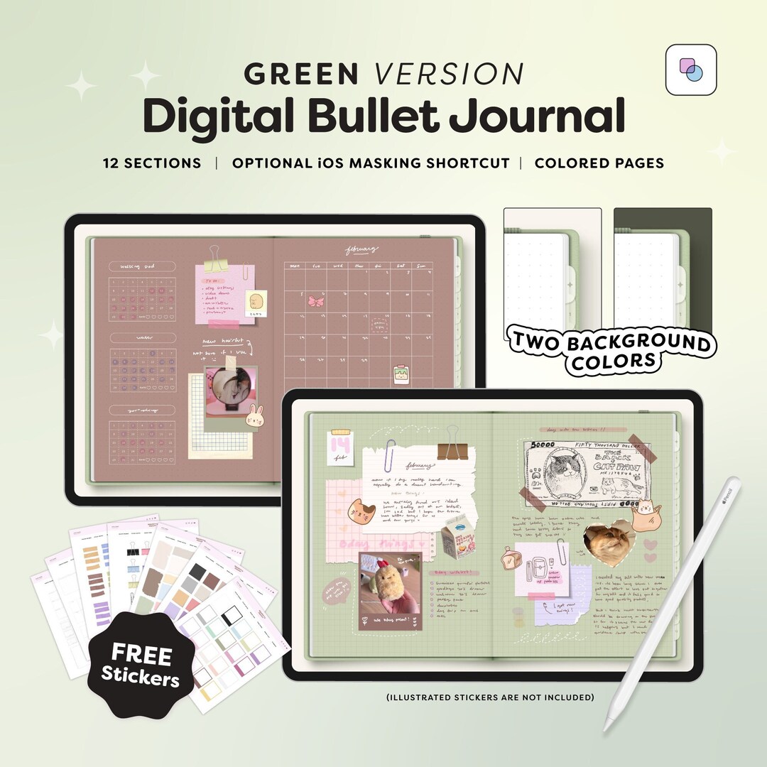 Digital Bullet Journal With 12 Section Dividers, Green Minimal ...