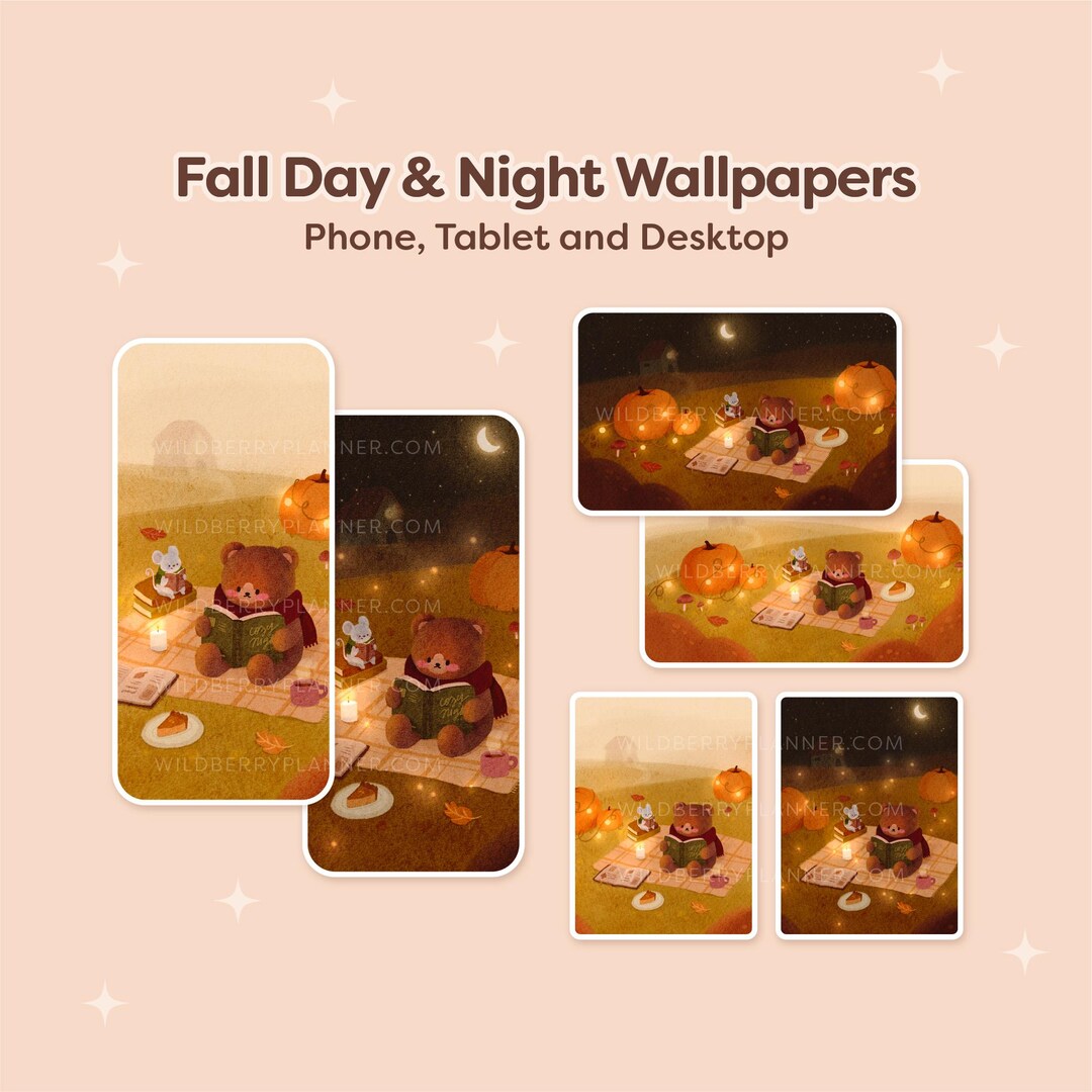 Fall Wallpapers, Day and Night, Cozy Bear, Phone, Ipad, Tablet, Desktop ...