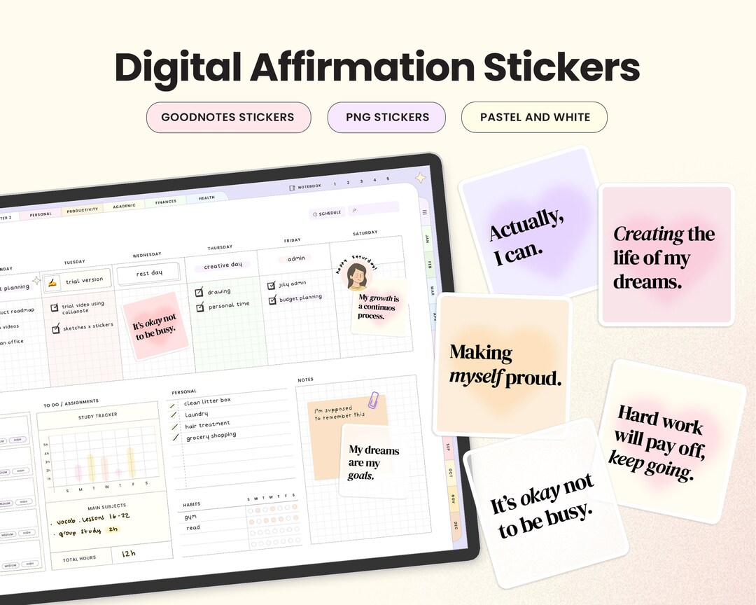 Daily Affirmation Card Stickers for Goodnotes, Digital PNG Stickers for ...
