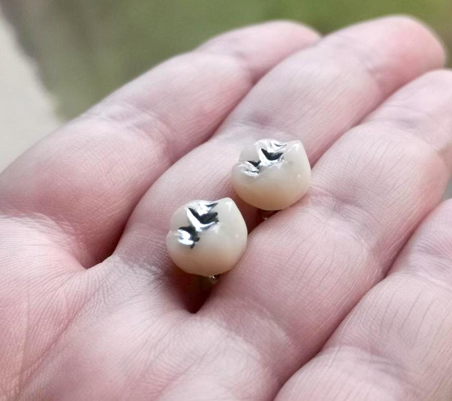 Silver Molar Filling Teeth Stud Back Earrings. Creepy Horror Macabre ...