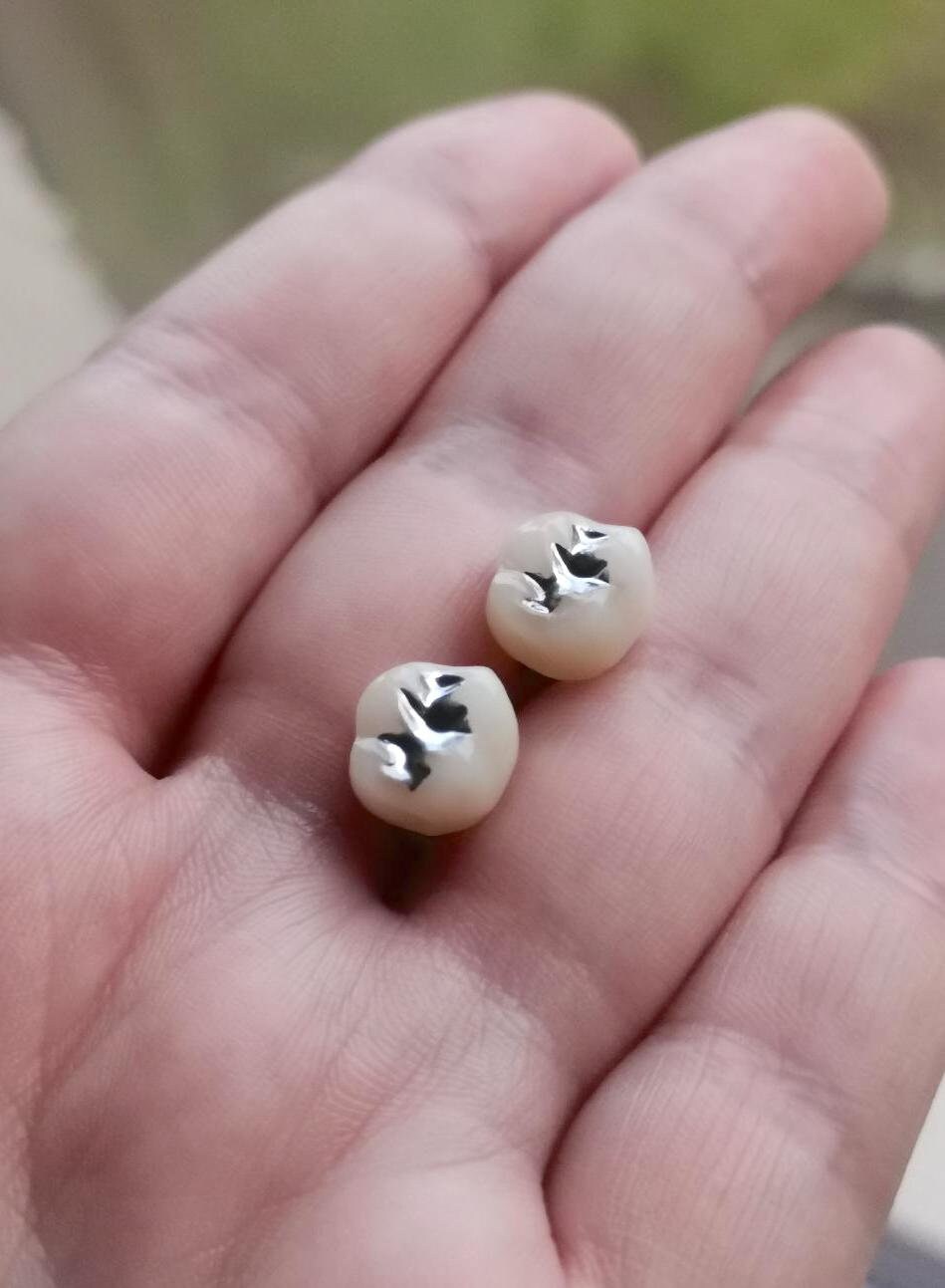 Silver Molar Filling Teeth Stud Back Earrings. Creepy Horror Macabre ...
