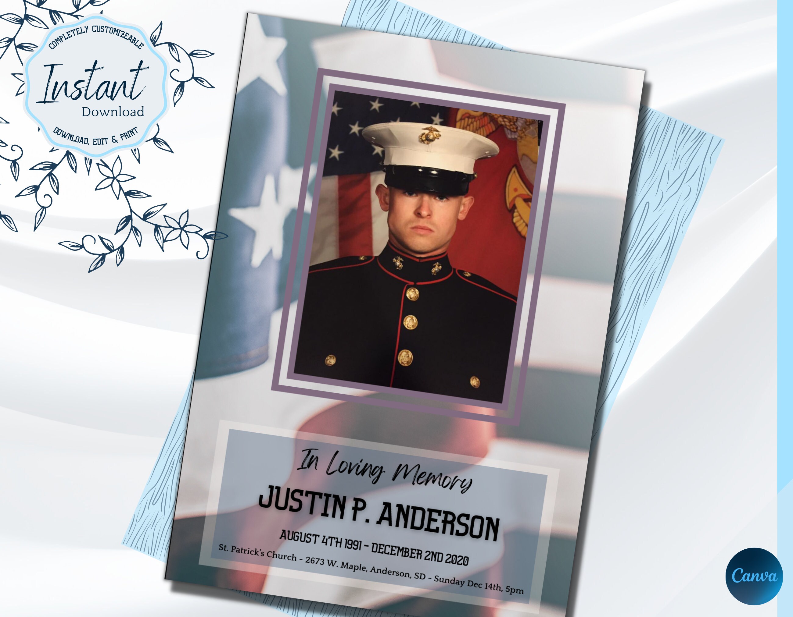 American Flag Obituary Template - Soldier Funeral Program - Patriotic ...