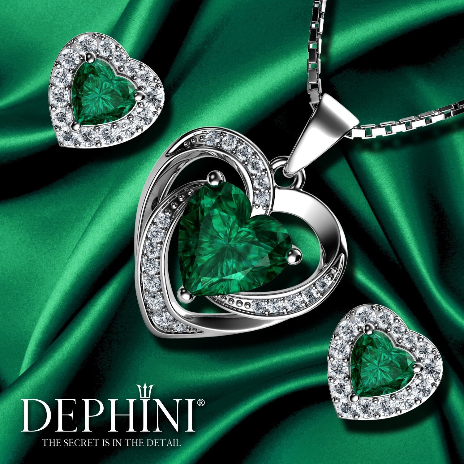 DEPHINI Green Jewellery Set Heart Earrings & Necklace Sterling Silver ...