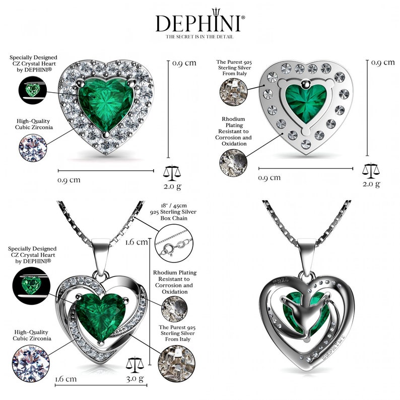 DEPHINI Green Jewellery Set Heart Earrings & Necklace Sterling Silver ...